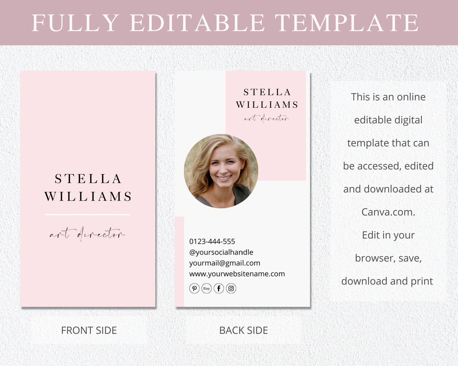 Pink Business Card Template With Photo Editable Professional - Etsy