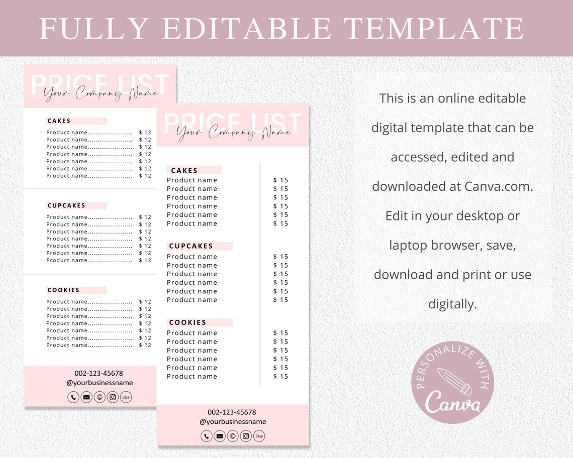 Cake Price List Template Canva Editable Bakery Price List - Etsy