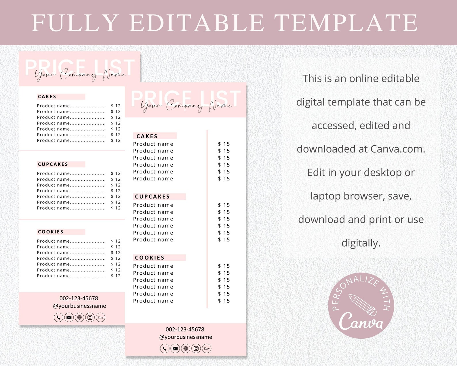 Cake Price List Template, Canva Editable Bakery Price List, Cookies ...