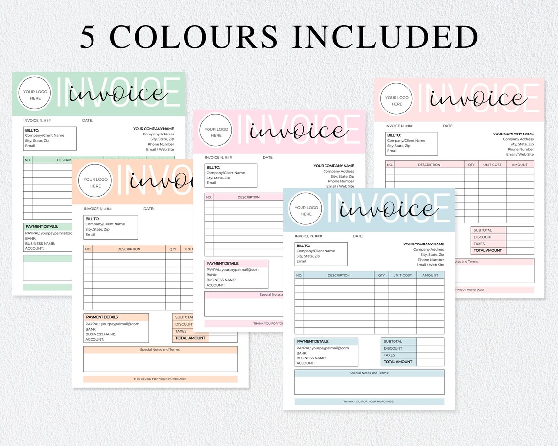 Invoice Editable Template, Printable Order Form Invoice, 5 Premade ...