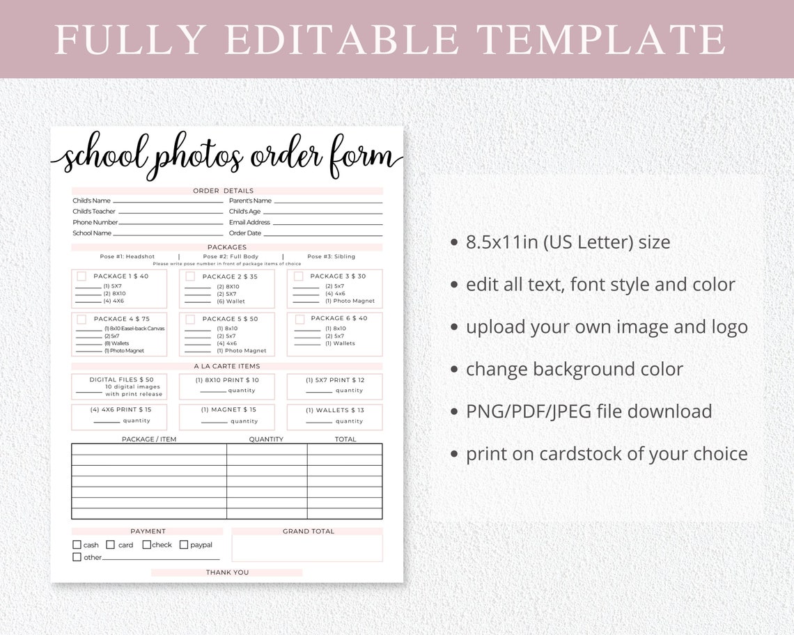 School Photography Order Form Template Preschool Photos - Etsy