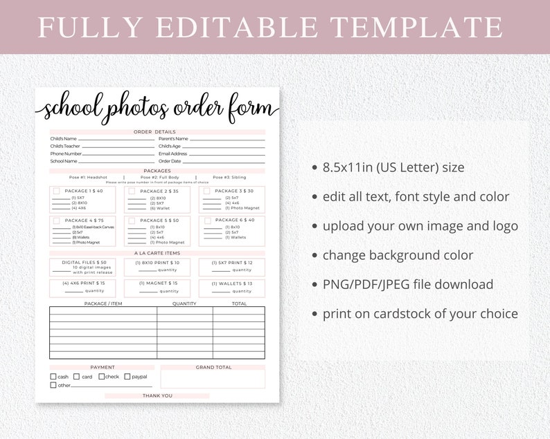School Photography Order Form Template Preschool Photos - Etsy