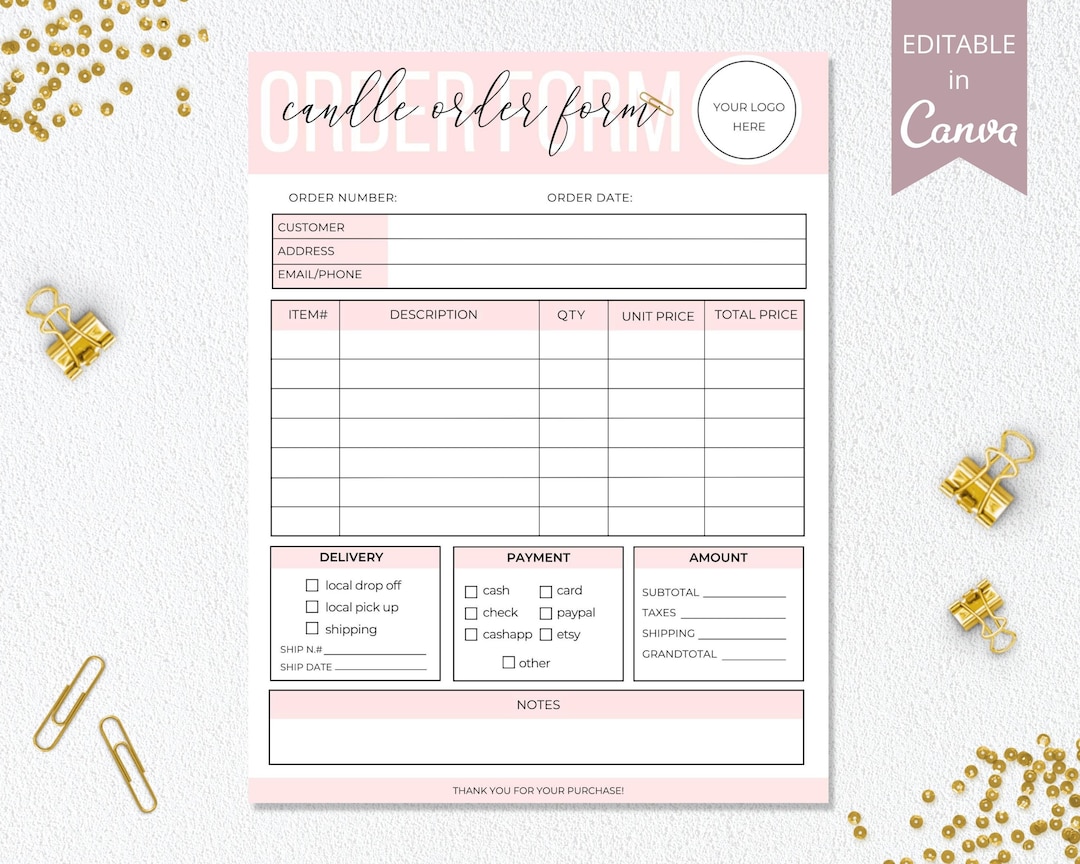 Candle Order Form Template, Editable Canva Invoice Template, Small ...