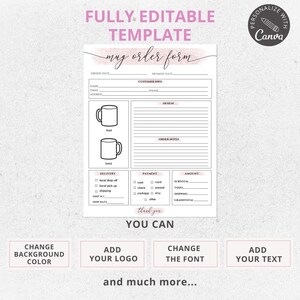 Editable Mug Order Form Template | Customize Cup Order | Small Business Craft Order Sheet ...