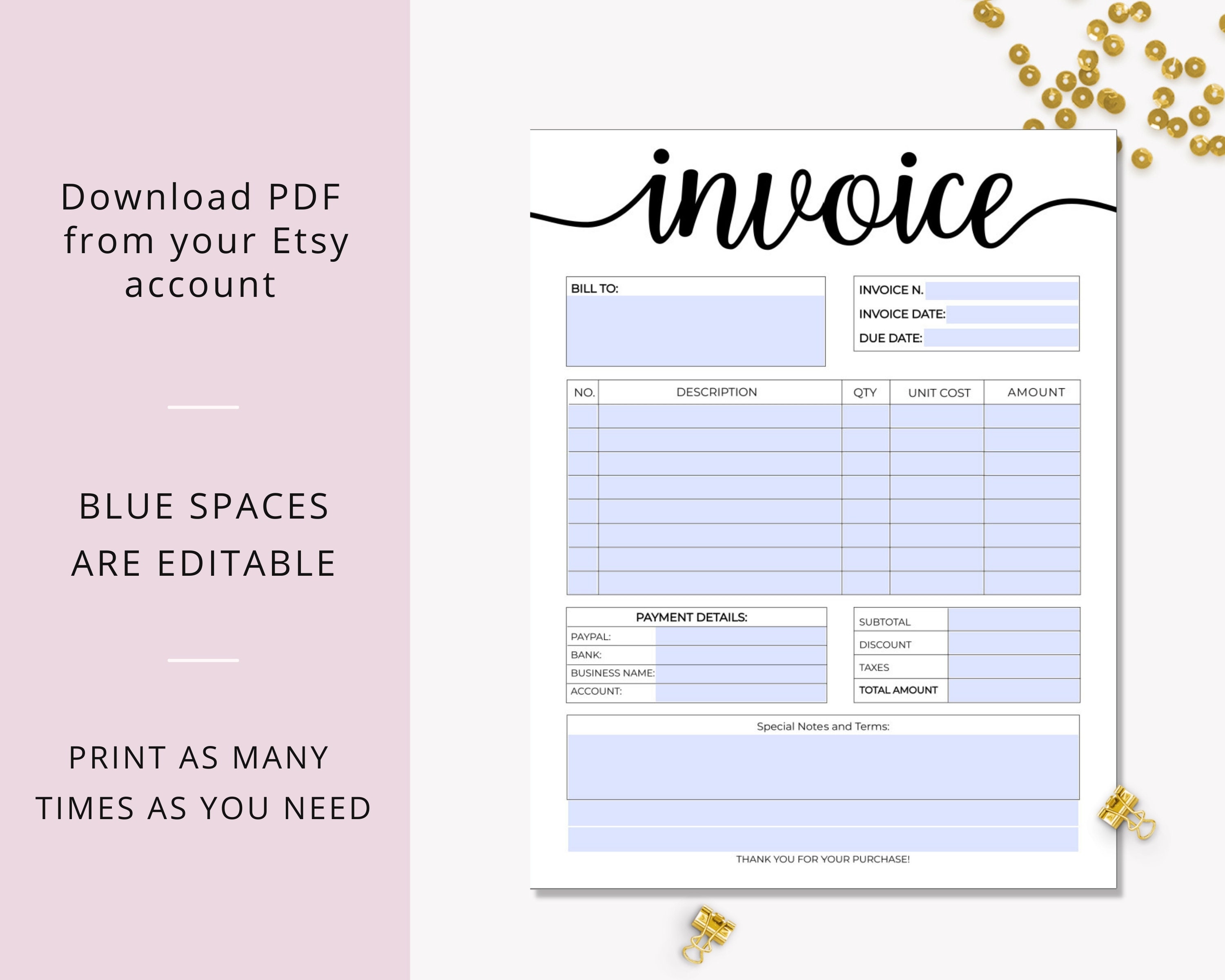 Fillable Invoice Form Small Business Invoice Form PDF - Etsy