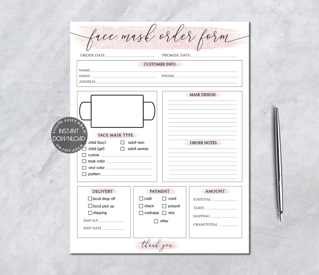Face Mask Order Form, Printable Small Business Forms, Editable Craft ...