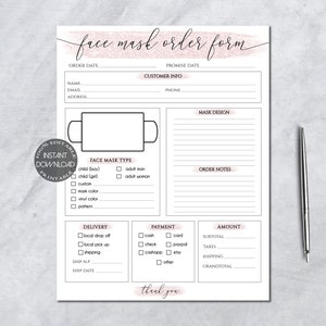 Face Mask Order Form, Printable Small Business Forms, Editable Craft ...