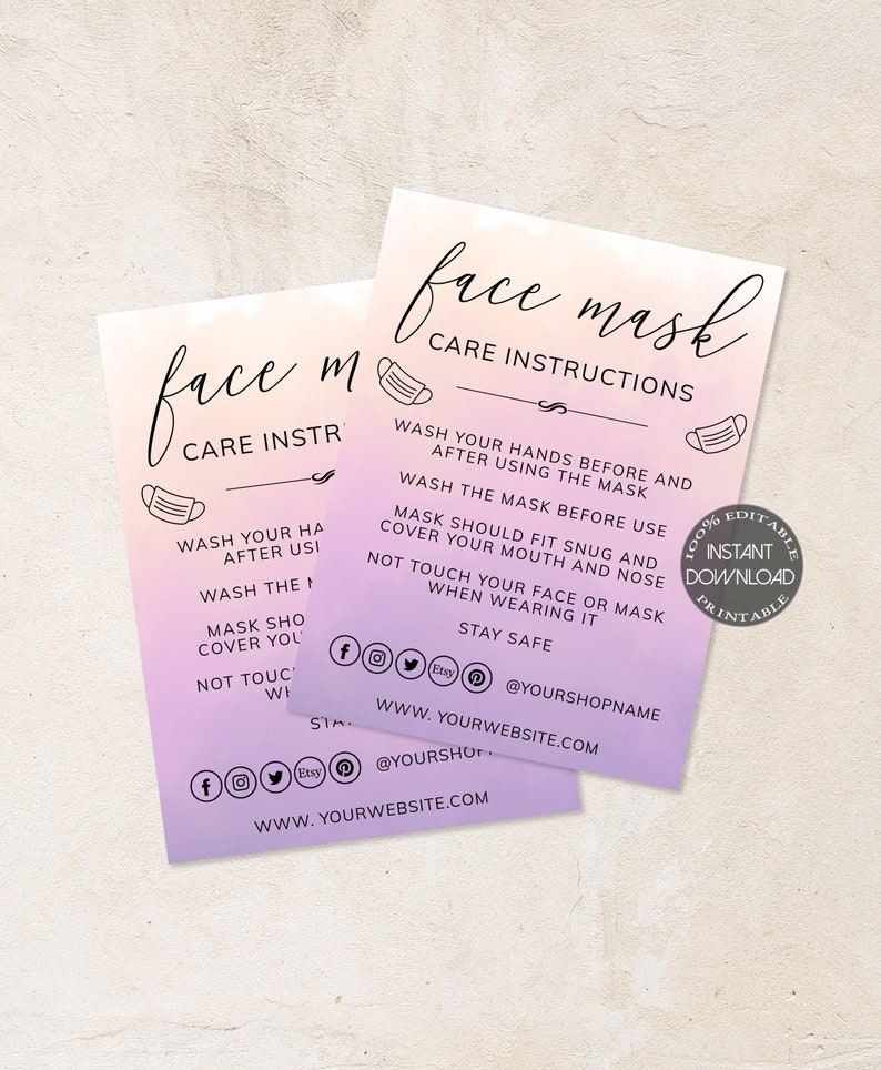 Face Mask Care Cards Printable Editable Face Mask | Etsy