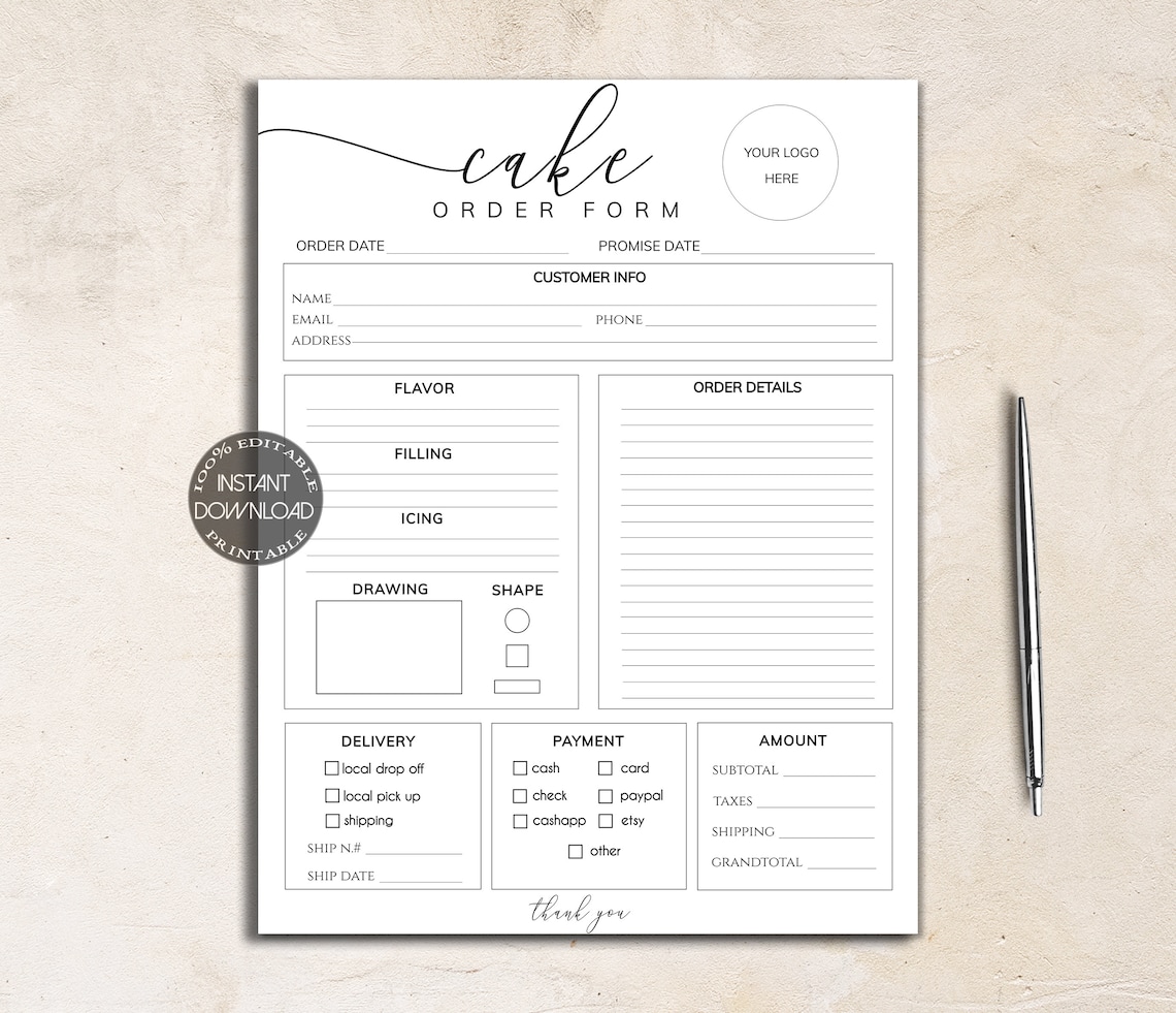 Cake Order Form Editable Bakery Order Form Printable Small - Etsy