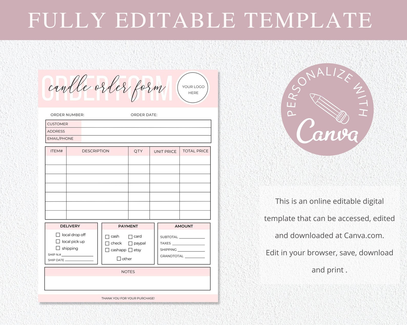 Candle Order Form Template, Editable Canva Invoice Template, Small ...