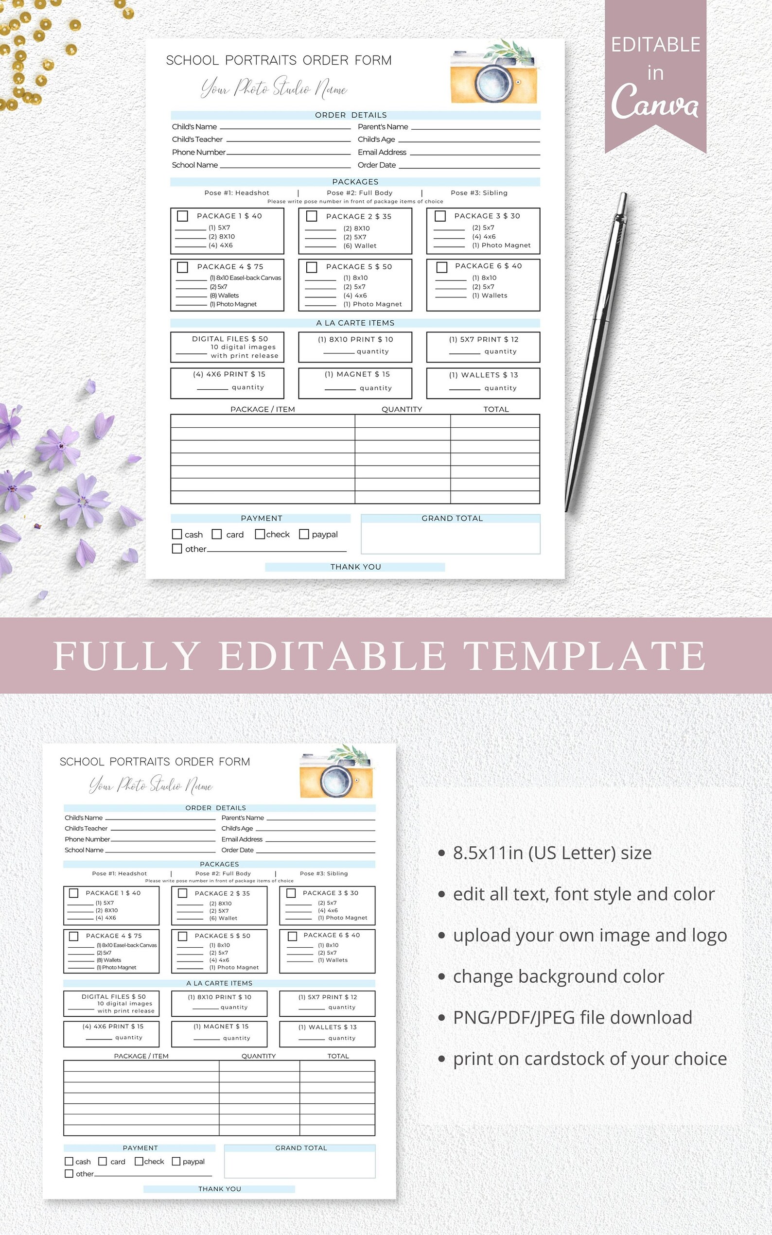 School Photography Order Form Template Preschool Photos - Etsy