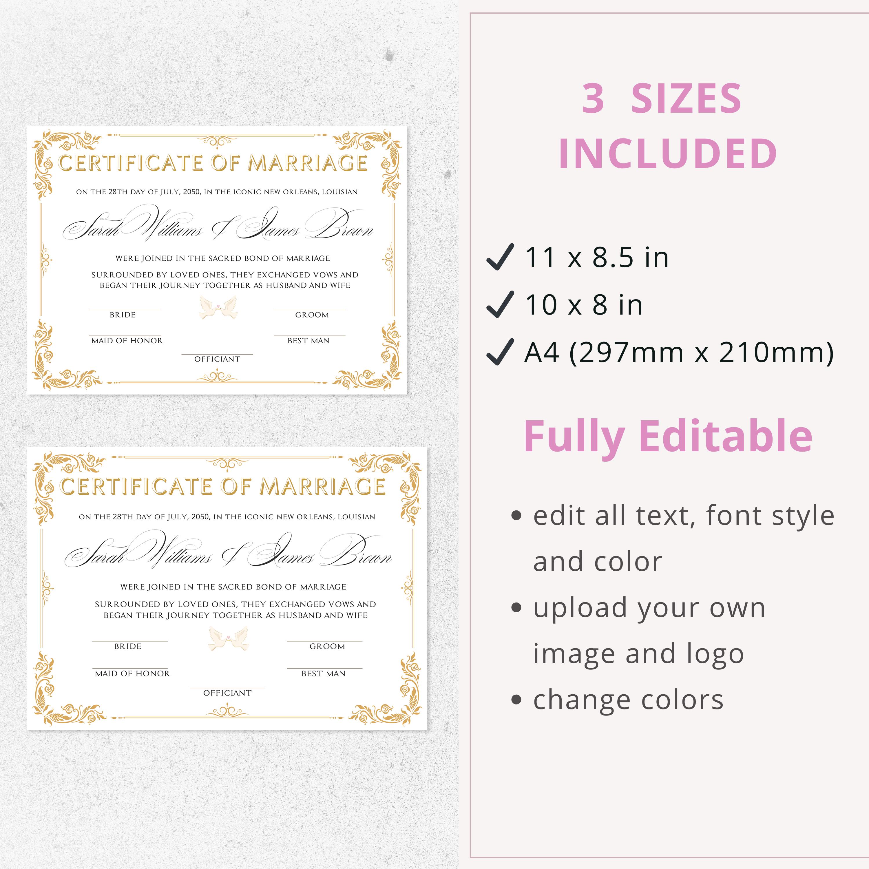 Marriage Certificate Template | Custom Wedding Certificate, Printable ...