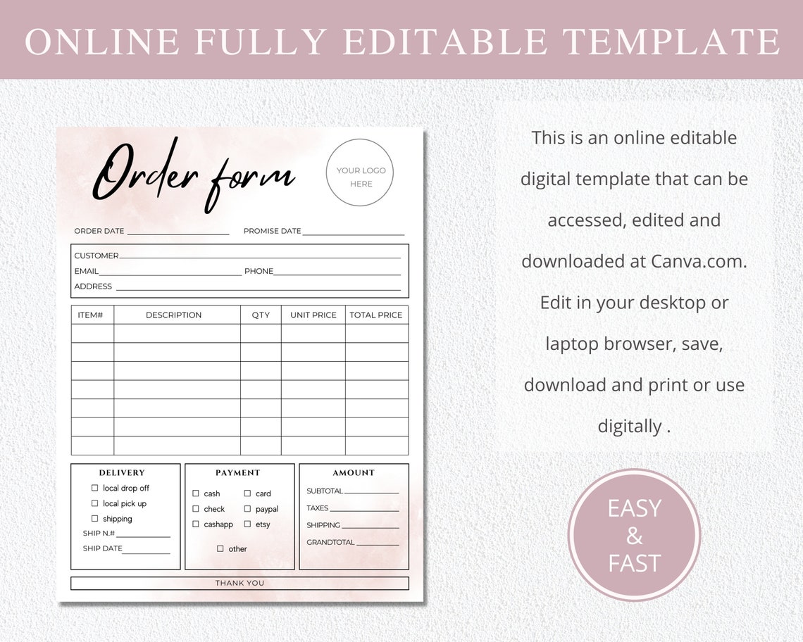 Order Form Template Editable Small Business Order Forms - Etsy