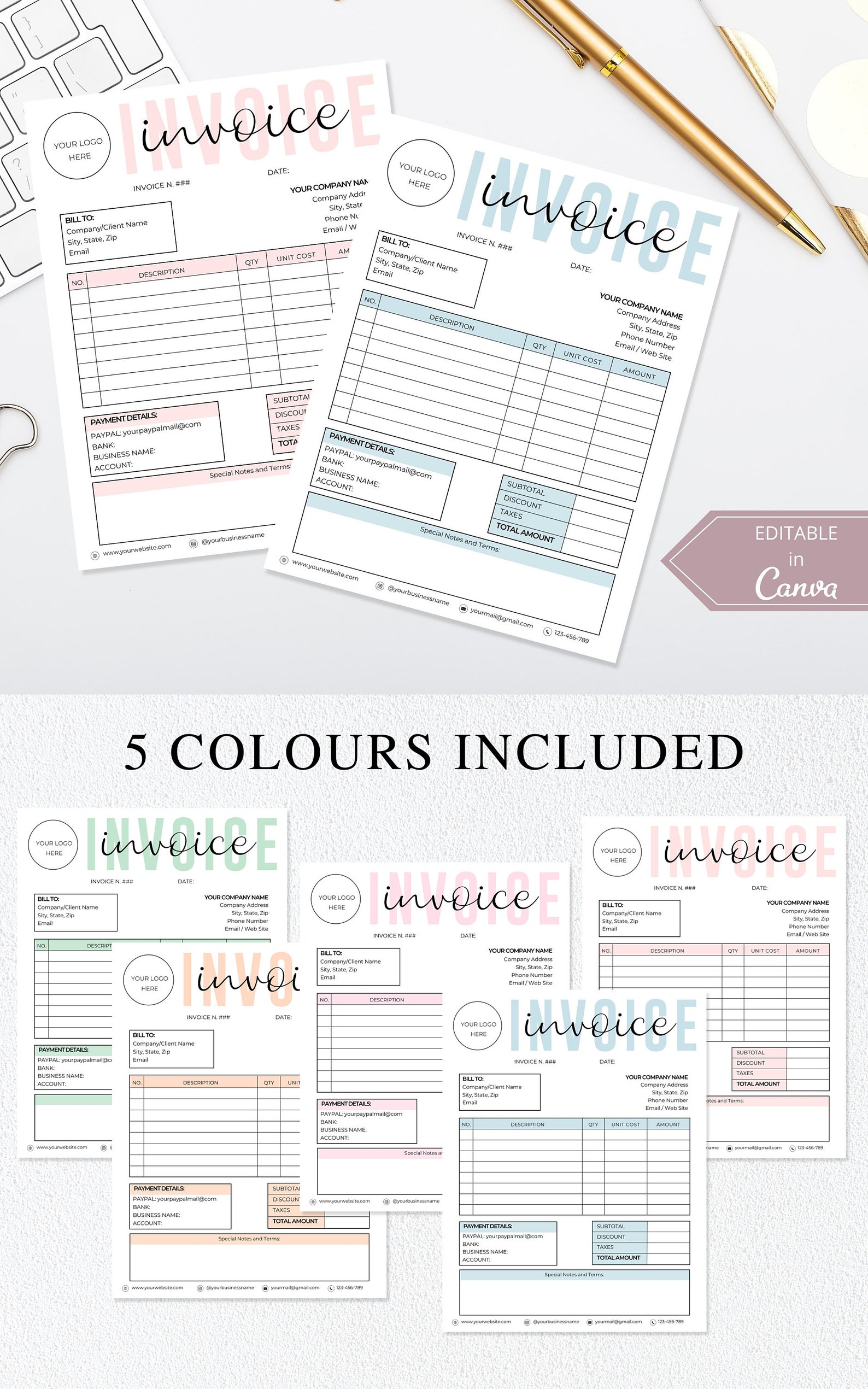 Invoice Editable Template, Printable Order Form Invoice, 5 Premade ...