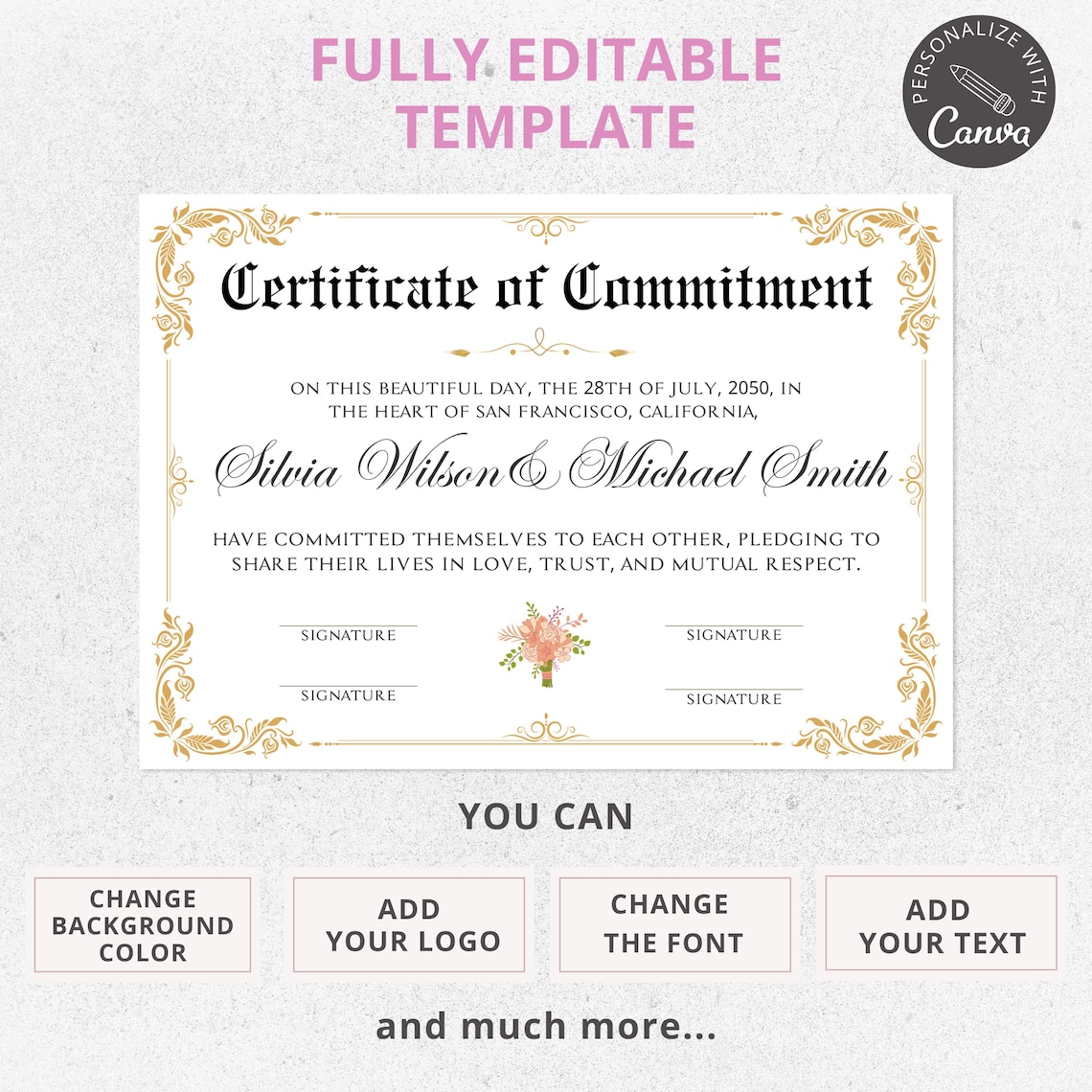 Editable Commitment Certificate | Canva Template, Custom Marriage ...