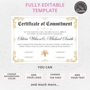 Editable Commitment Certificate | Canva Template, Custom Marriage Certificate, Wedding Keepsake ...