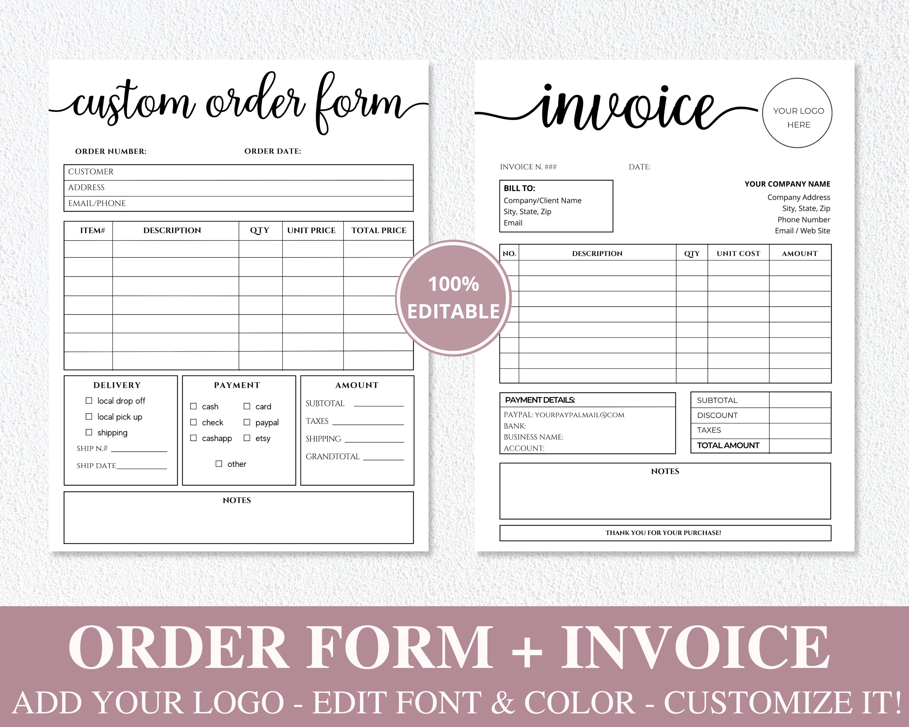 4 Order Forms Bundle I Editable Invoice Order Form I Printable - Etsy