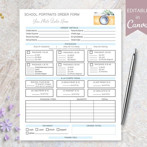 School Photography Order Form Photography Forms School - Etsy
