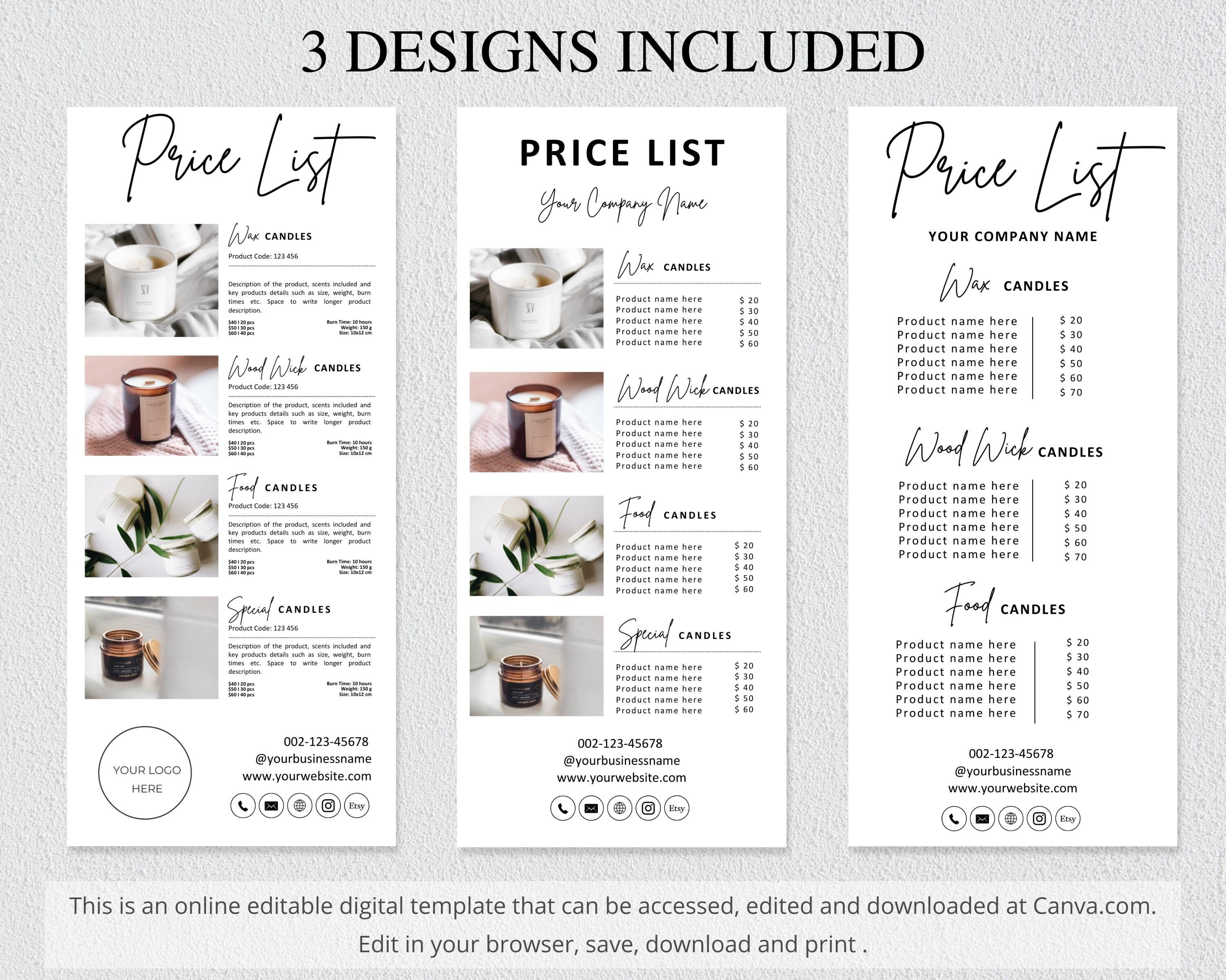 Candle Price List Template Canva Editable Bakery Price List - Etsy UK