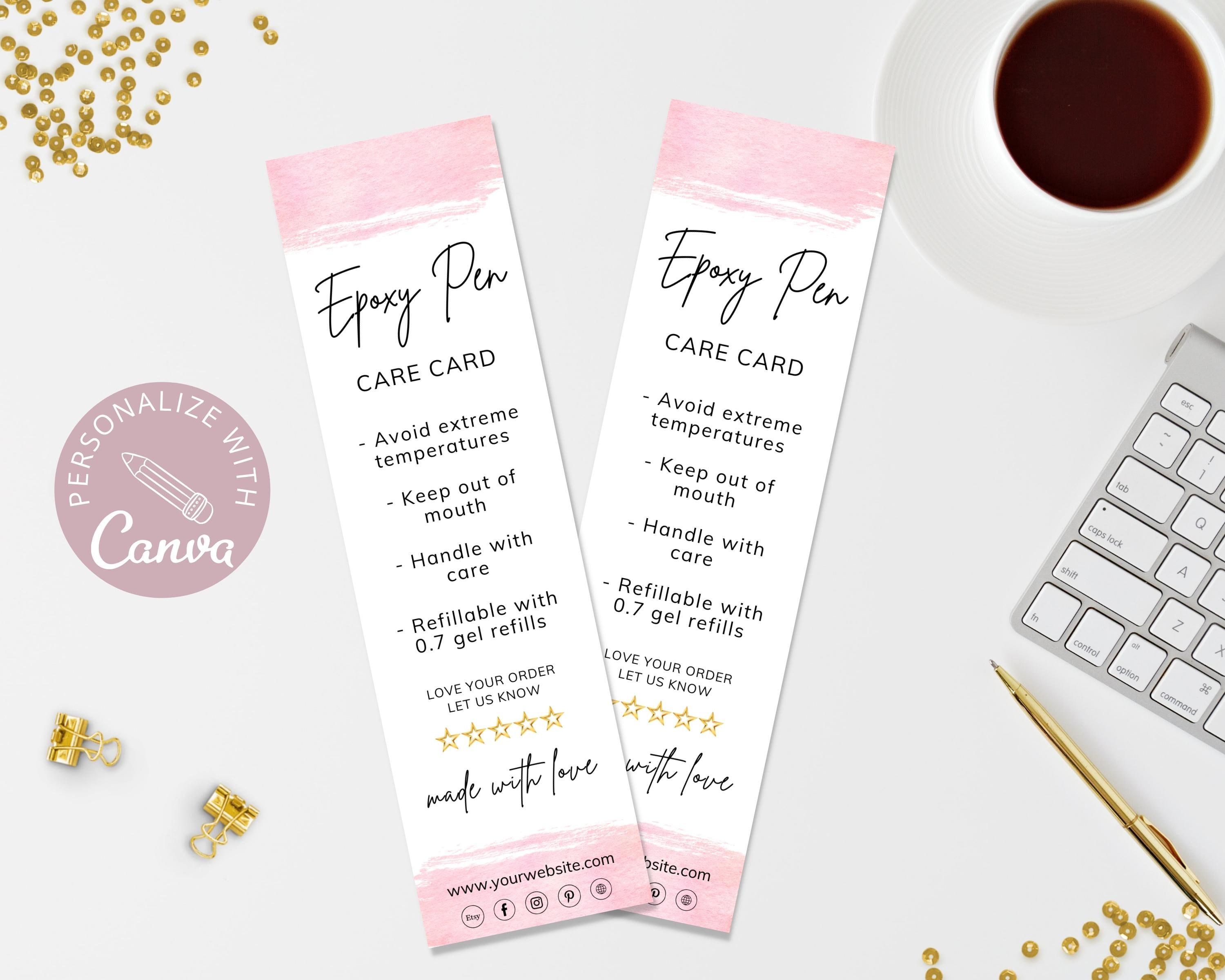 Editable Epoxy Pen Care Card Template, Printable Pens Care Instructions ...