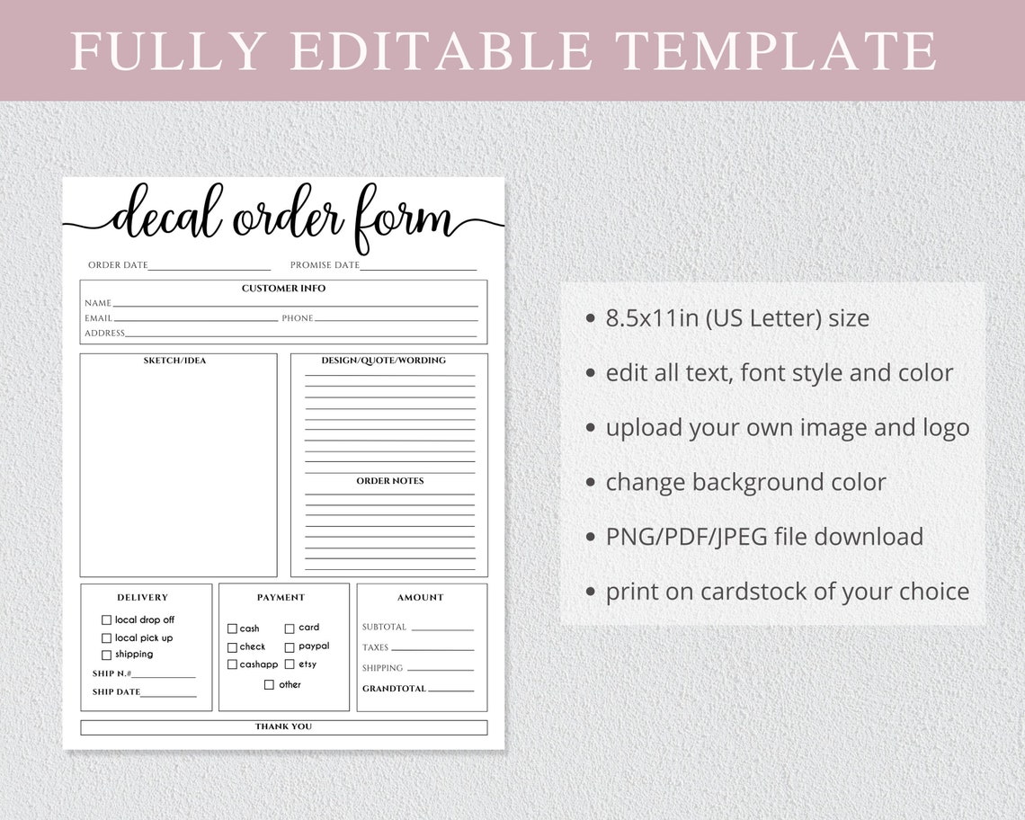 Decal Order Form I Editable Canva Template Vinyl Crafters - Etsy