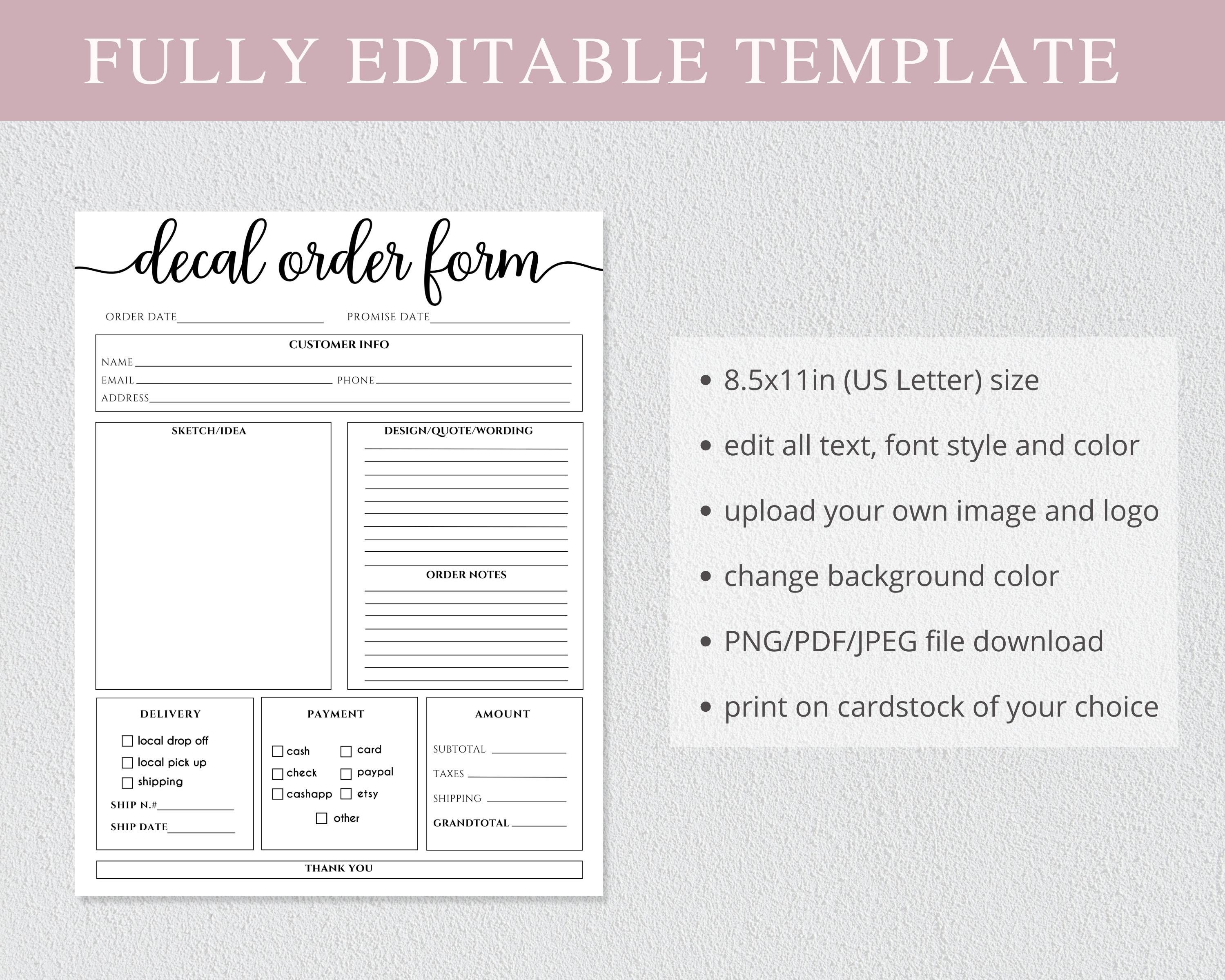Decal Order Form I Editable Canva Template | Vinyl Crafters Order Forms ...