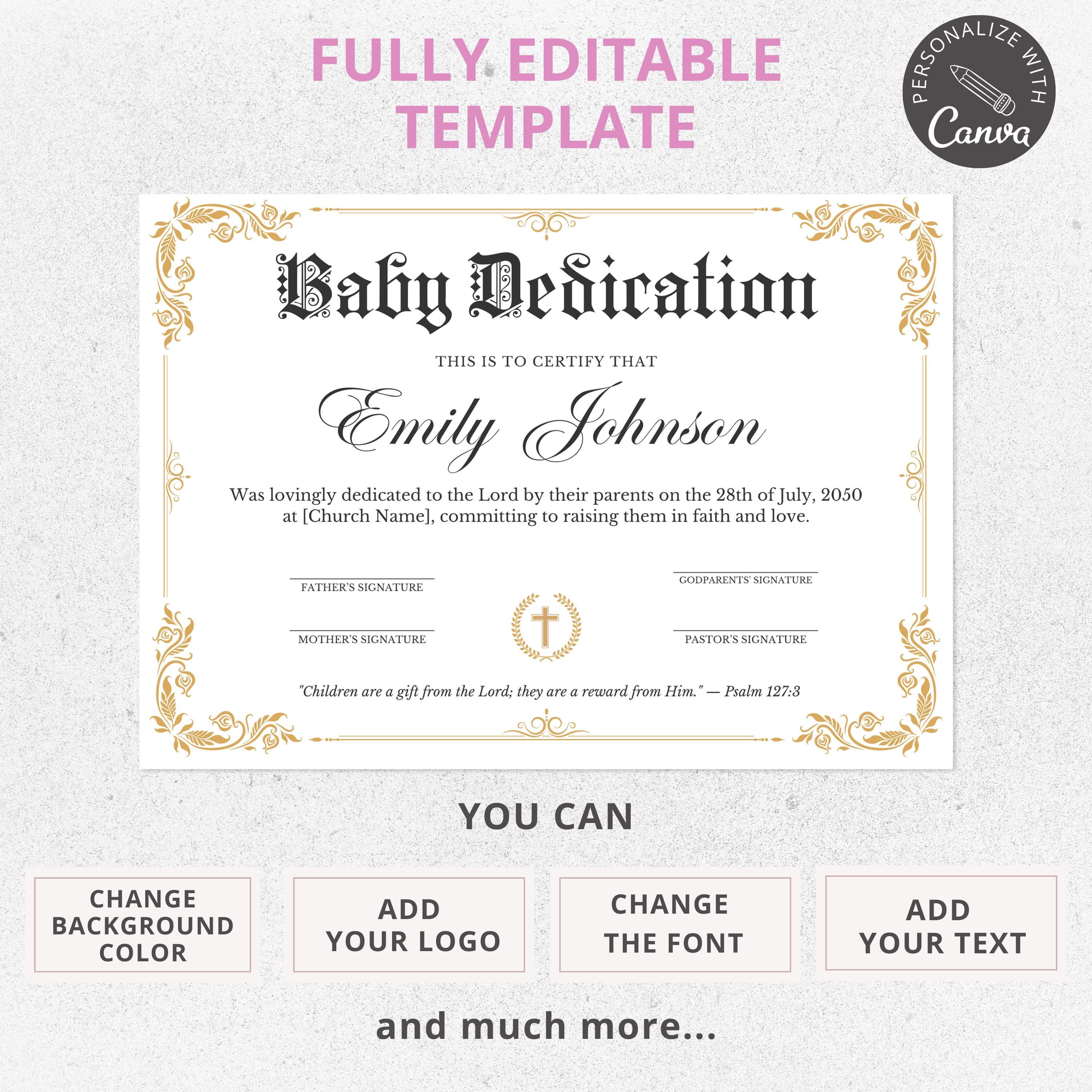 Baby Dedication Certificate | Editable Canva Template, Baptism Keepsake ...