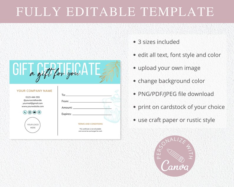 Editable Gift Certificate Digital File I Editable Canva I - Etsy
