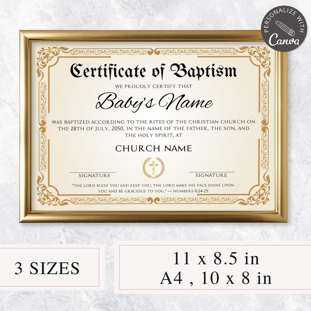 Editable Baptism Certificate Canva Template | Customizable Church ...