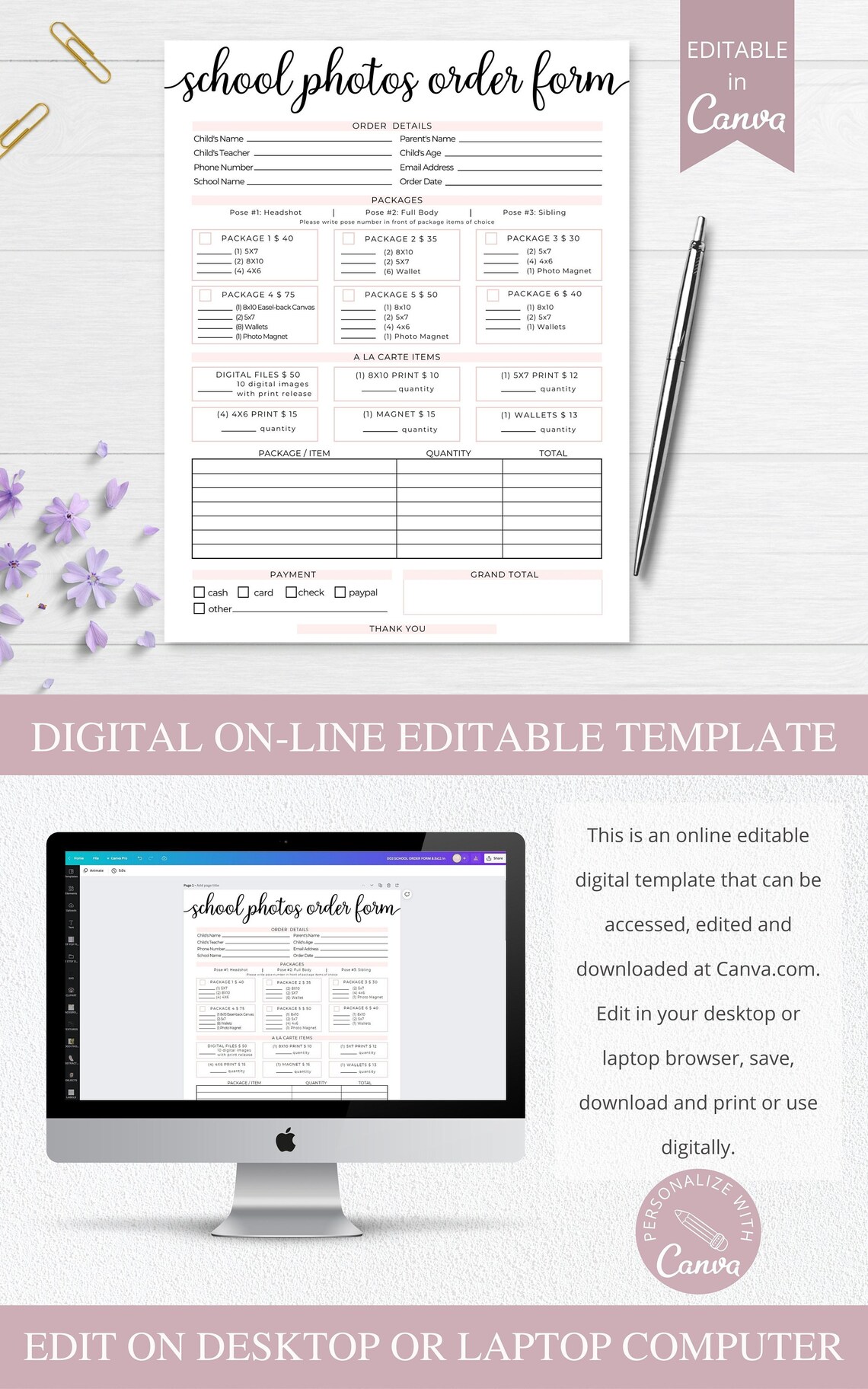 School Photography Order Form Template Preschool Photos - Etsy