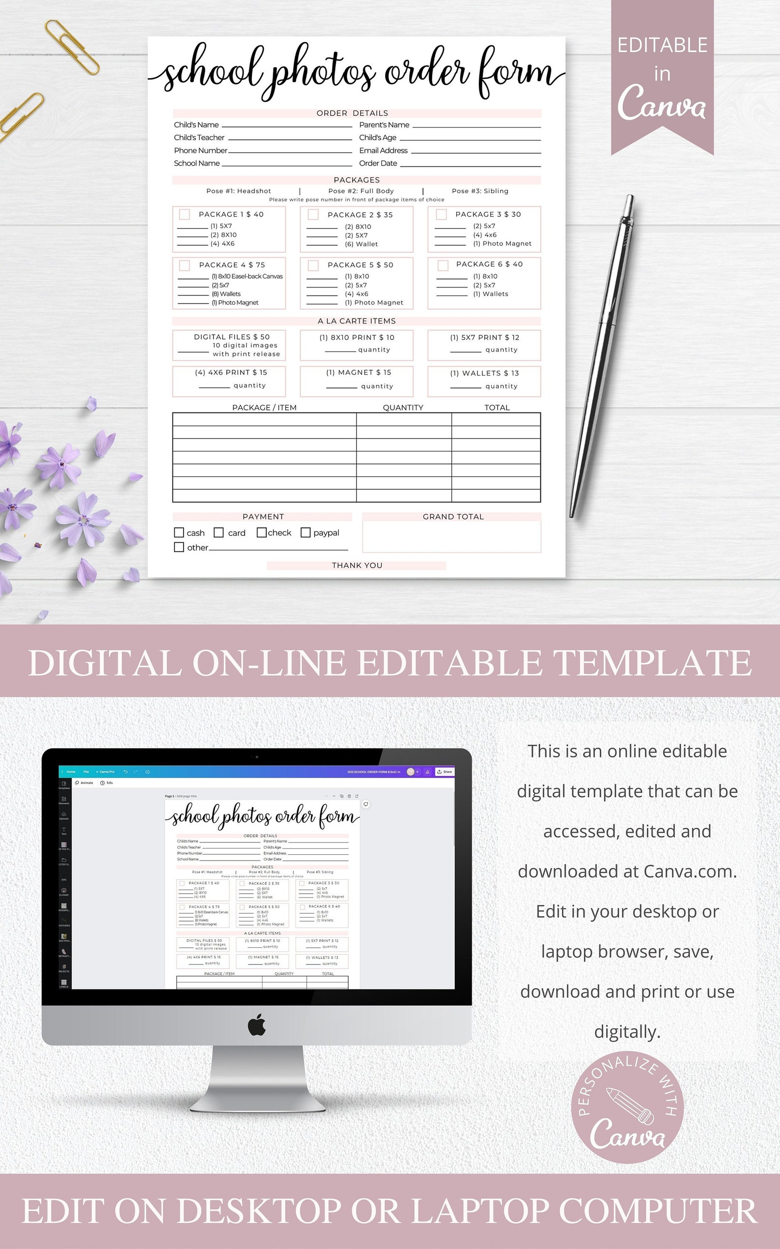 School Photography Order Form Template Preschool Photos - Etsy