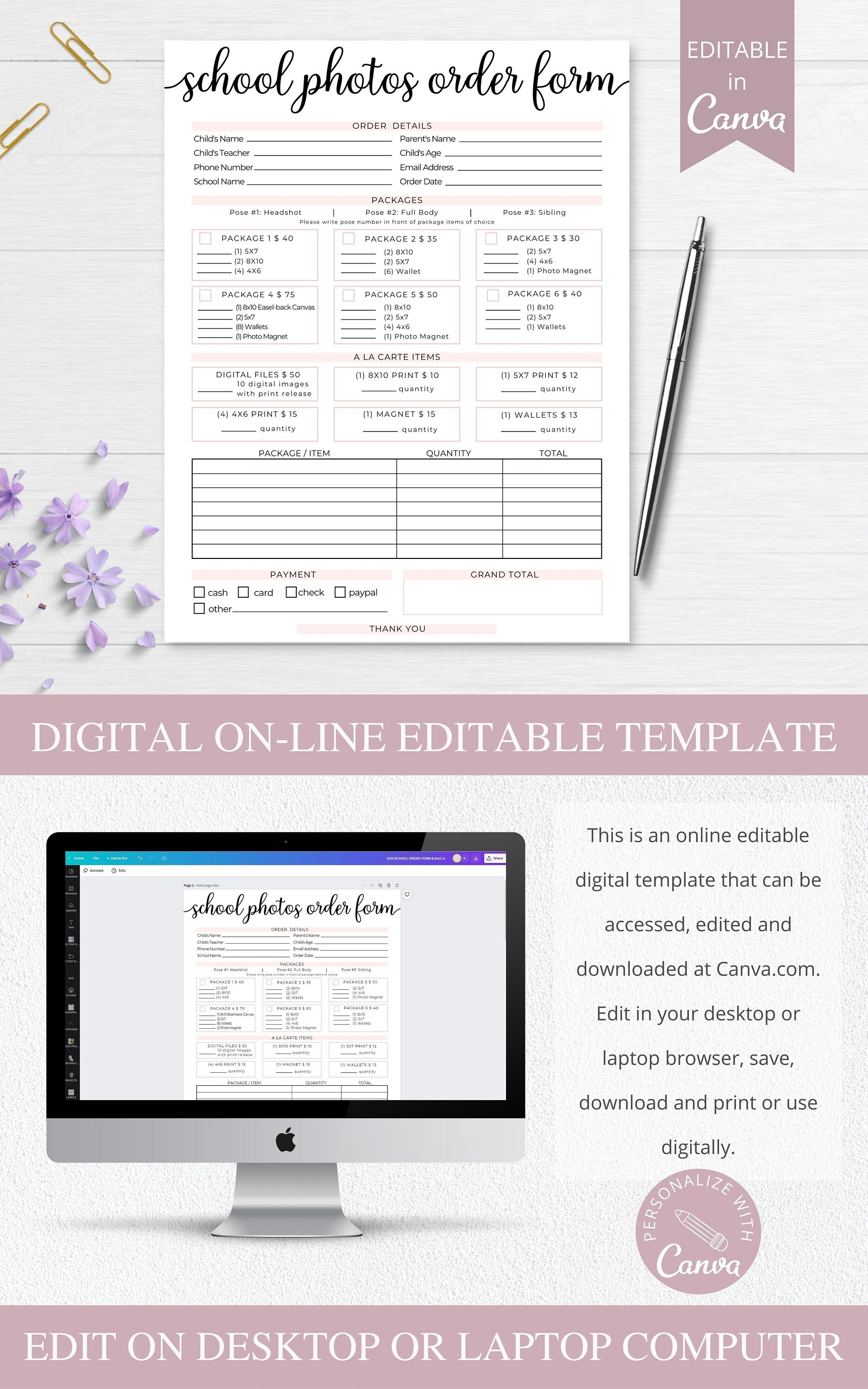 School Photography Order Form Template Preschool Photos | Etsy