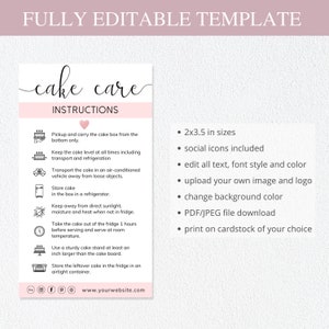 Cake Care Instructions I Canva Editable Template, Wedding Cake Care ...