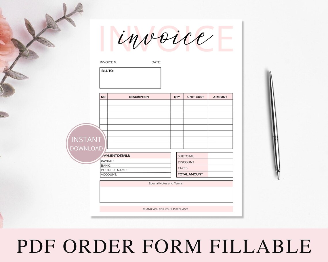 Pink Fillable Invoice Form Small Business Invoice PDF - Etsy