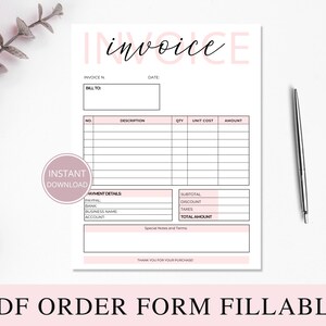 Pink Fillable Invoice Form, Small Business Invoice PDF, Billing Receipt ...