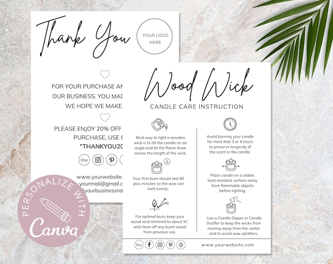Wooden Wick Candle Care Guide CANVA Editable Template Bundle, Printable ...