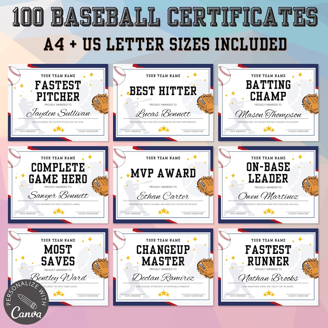 100 Editable Baseball Certificate | Custom Awards, Personalized Team ...