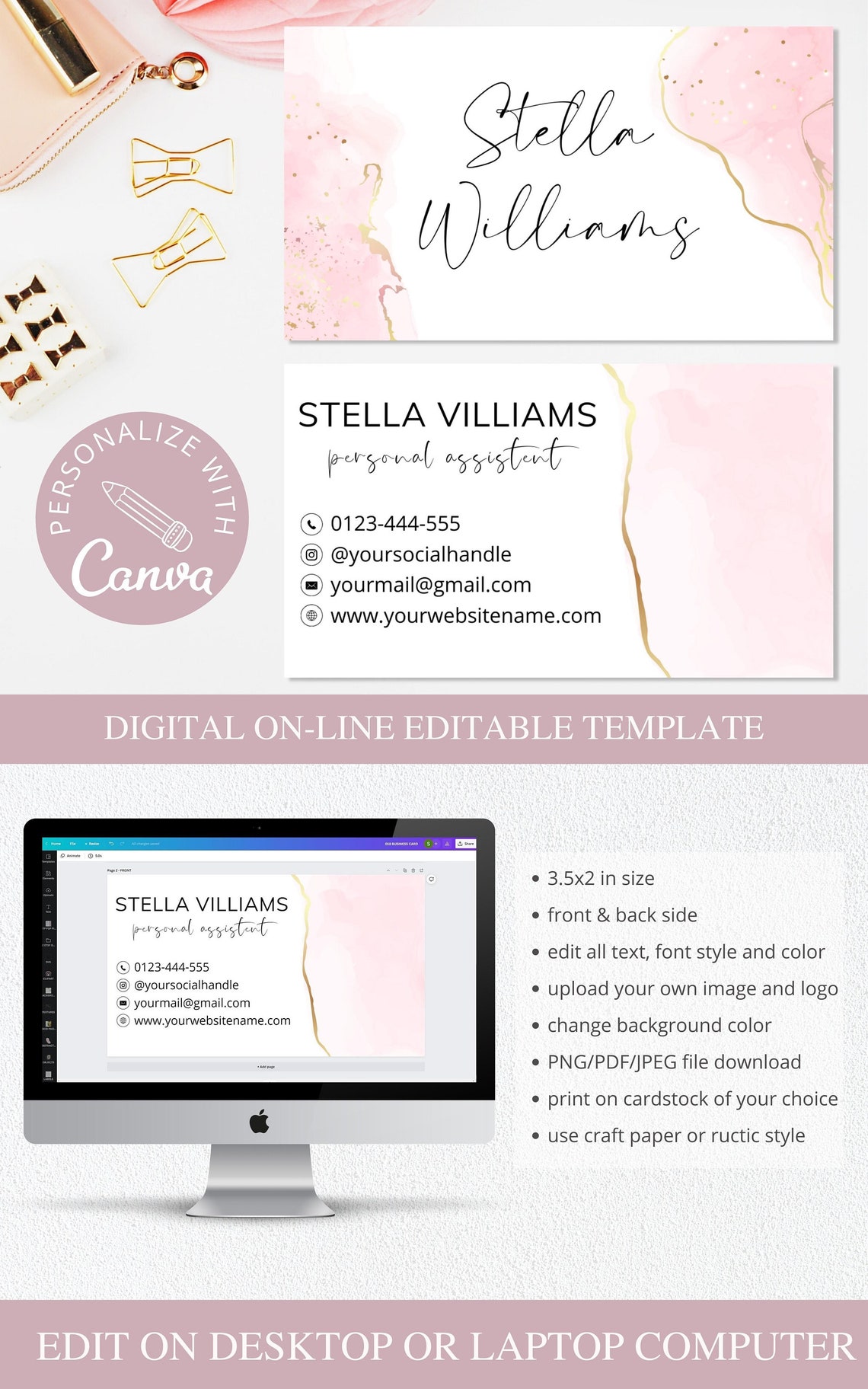 Business Card Template, Editable Canva Template, Custom Business Cards ...