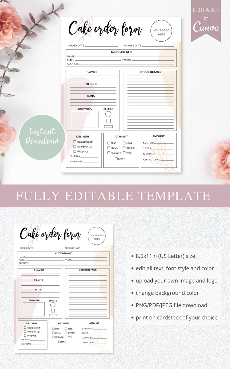 Cake Order Form Editable Canva Template Bakery Order Form - Etsy