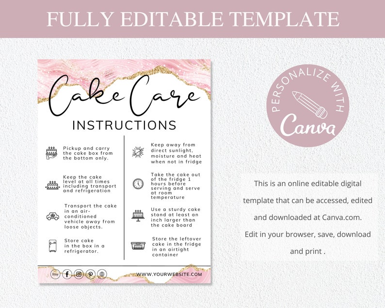 Cake Care Card Template I Editable Canva Template I Wedding - Etsy