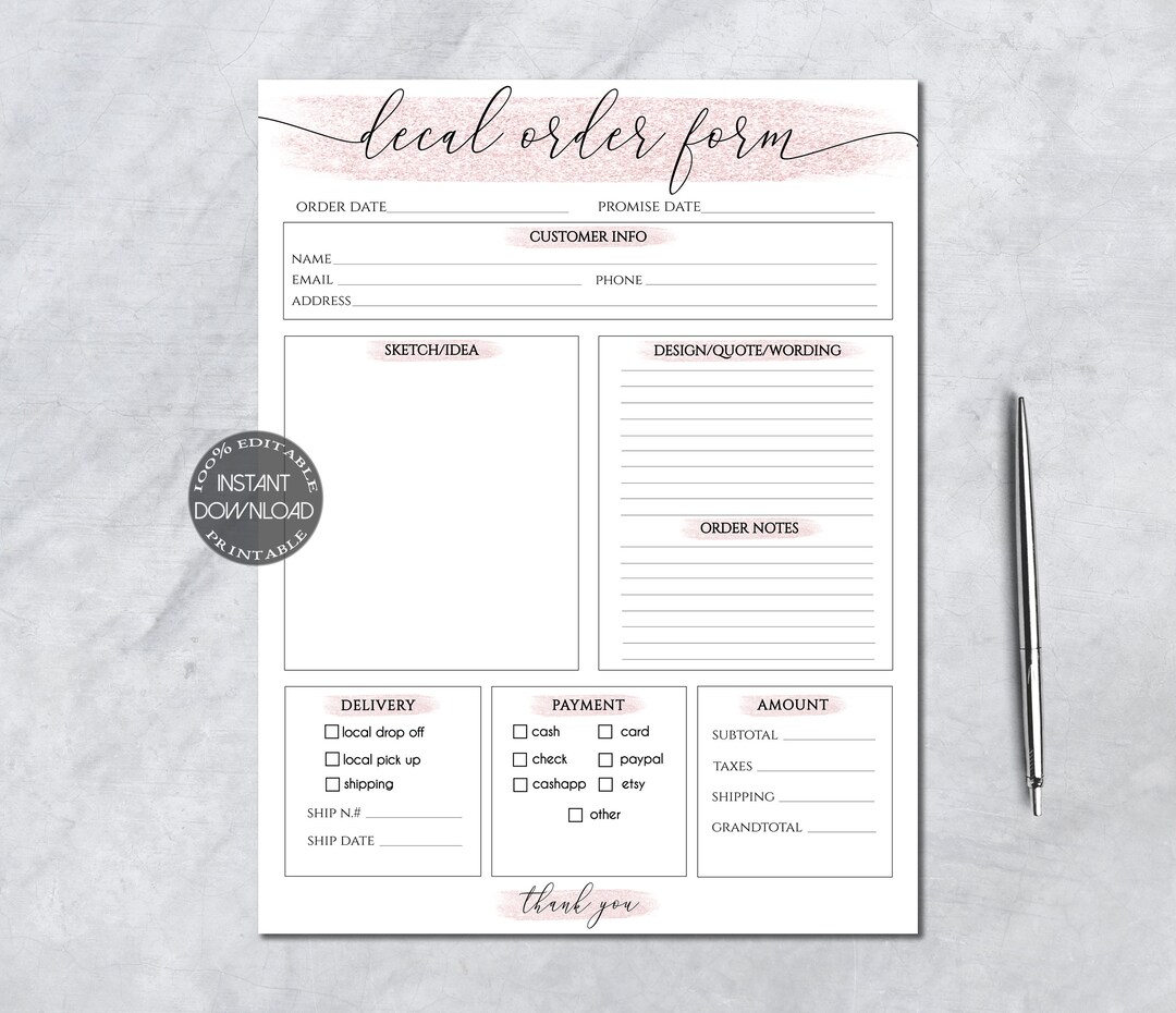 Decal Order Form Template, Editable Small Business Forms, Printable ...