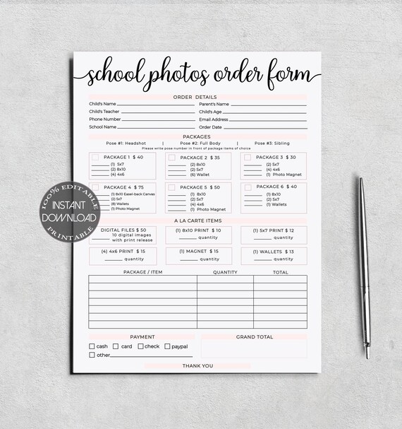 SCHOOL PHOTOGRAPHY Order Form Template Preschool Photos | Etsy