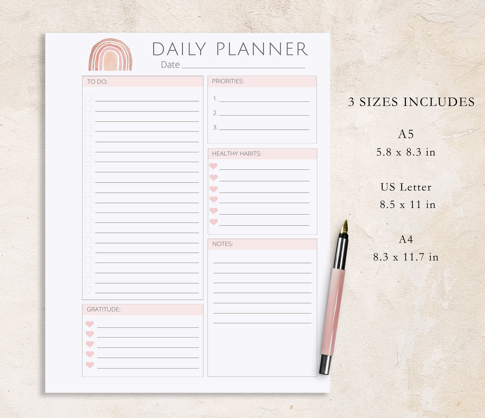 Rainbow Daily Planner Printable 3 Pastel Colors A4 A5 US - Etsy