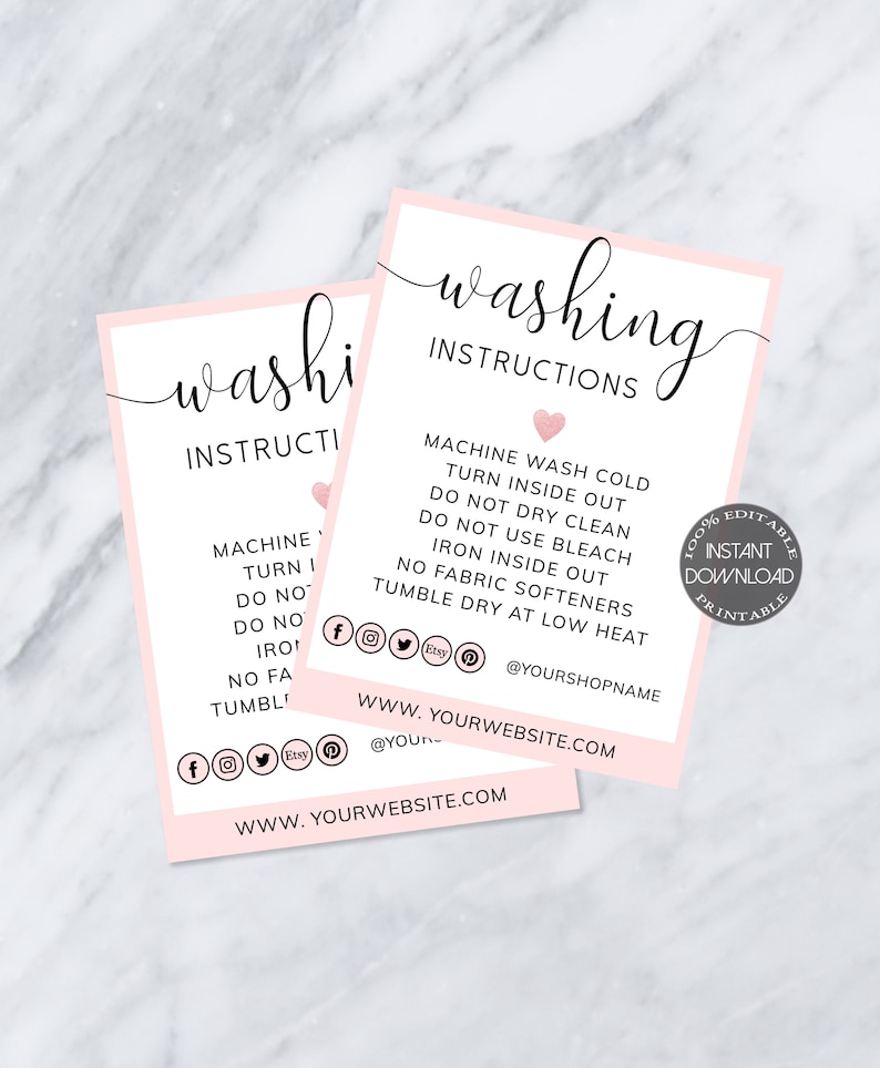Washing Care Card Printable, Washing Instructions Card Editable, Tshirt ...