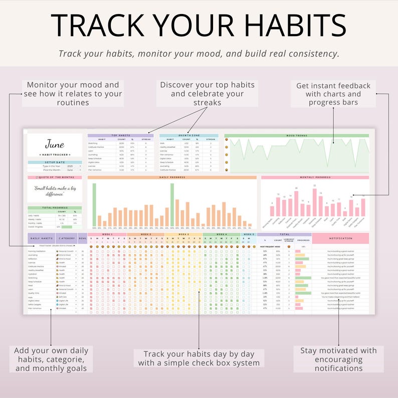 Habit Tracker Google Sheets | Goal Planner Spreadsheet, Daily Routine ...