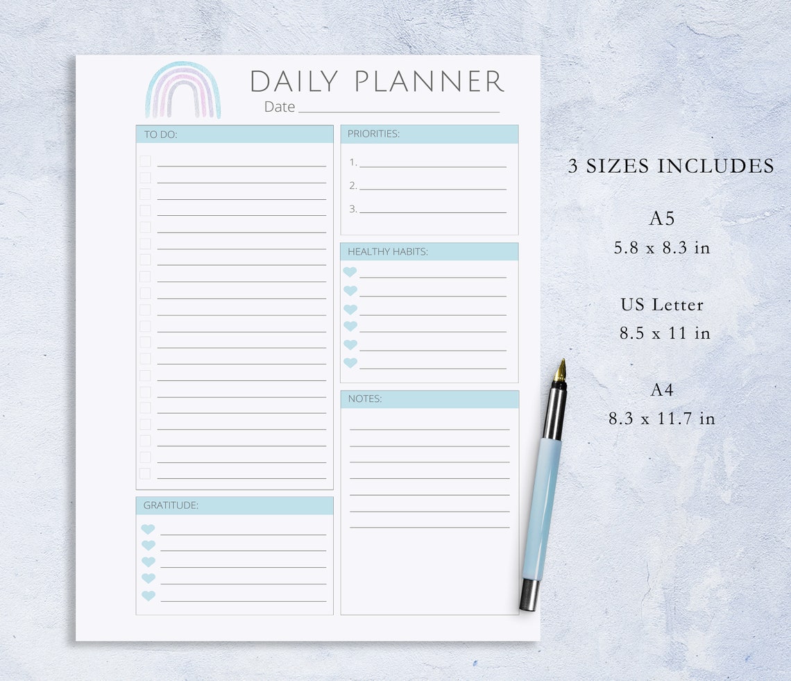 Rainbow Daily Planner Printable 3 Pastel Colors A4 A5 US - Etsy