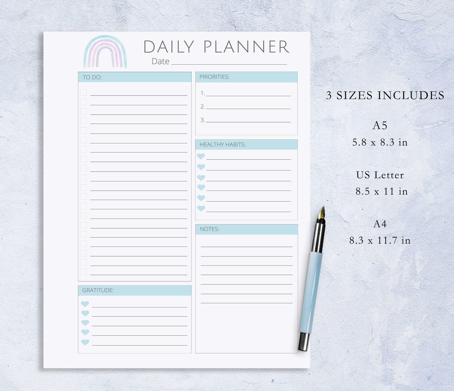 Rainbow Daily Planner Printable 3 Pastel Colors A4 A5 US - Etsy