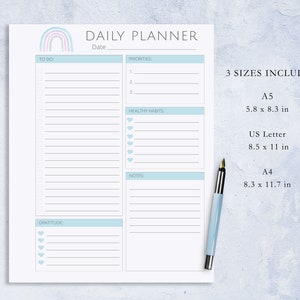 Rainbow Daily Planner Printable • 3 Pastel Colors • A4, A5, US Letter ...