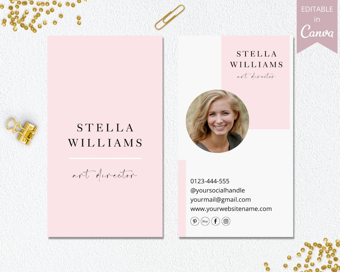 Pink Business Card Template With Photo, Editable Professional Business ...