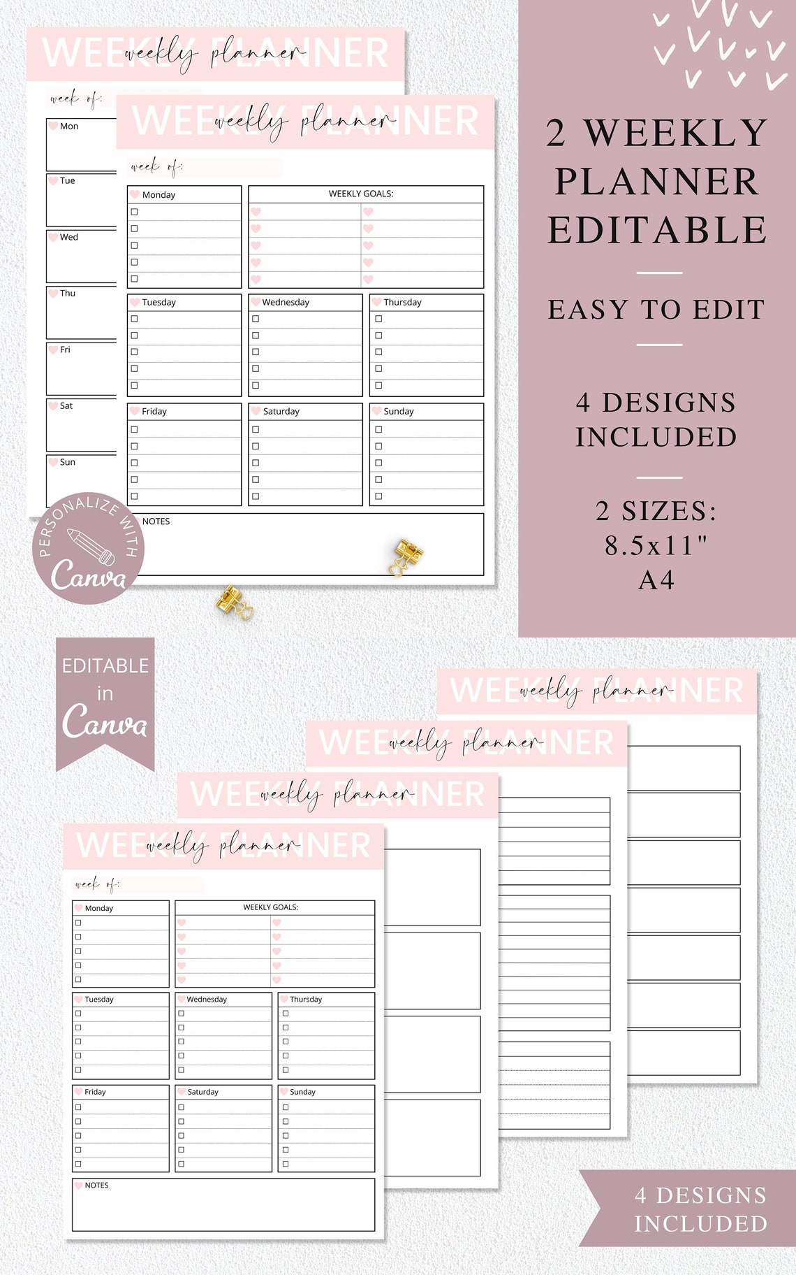 4 Editable Weekly Planner ADHD Planner Printable Canva - Etsy